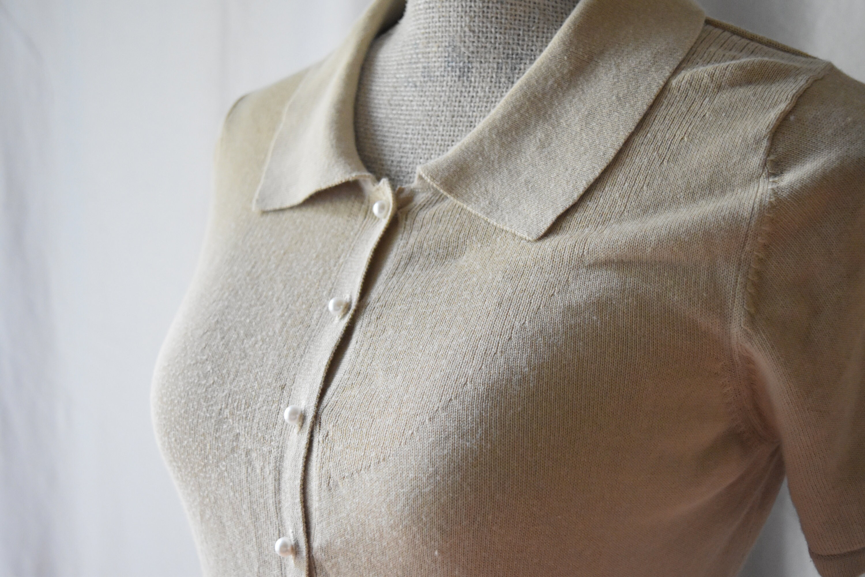 Vintage Beige Pearl Button Collar Button-up Sweater Shirt Business ...