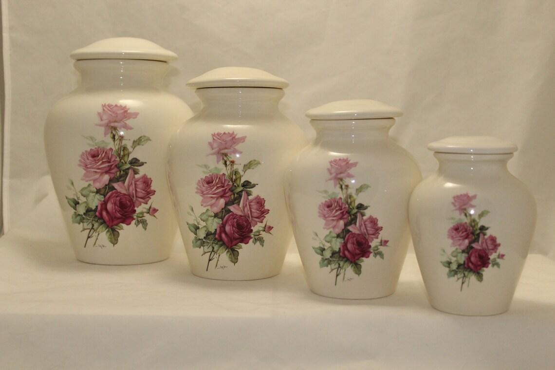 Pink and Bergandy Roses on Ceramic Jar With Lid Medium | Etsy