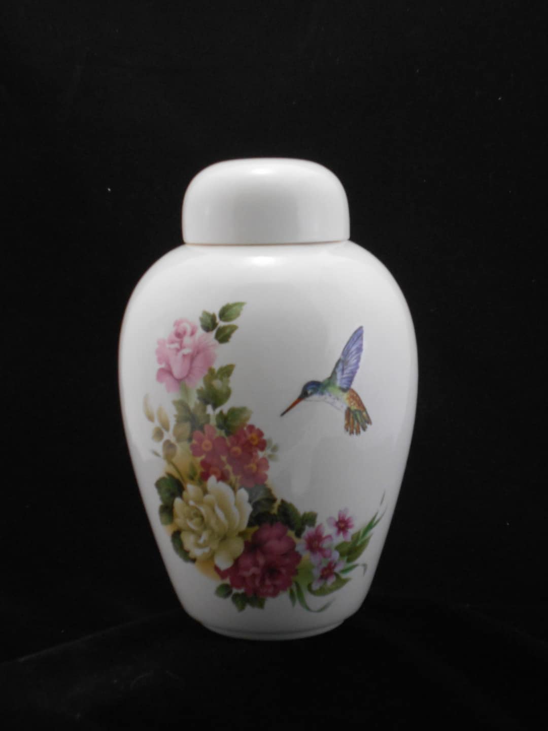 Roses With Hummingbird Adult Cremation Urn, Ceramic Jar With Lid, Large ...