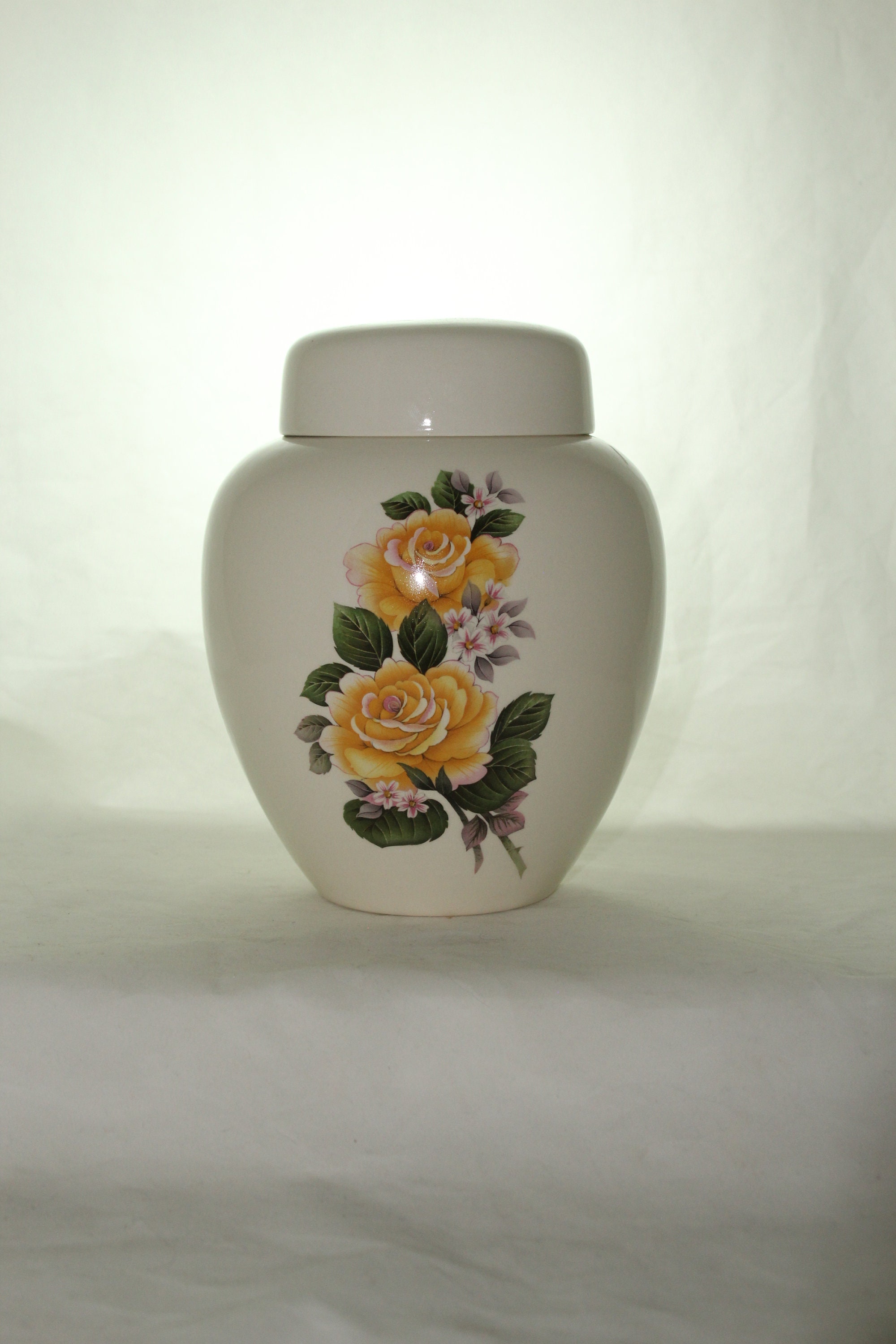 Yellow Roses Cremation Urn, Large Ceramic Ginger Jar for Ashes