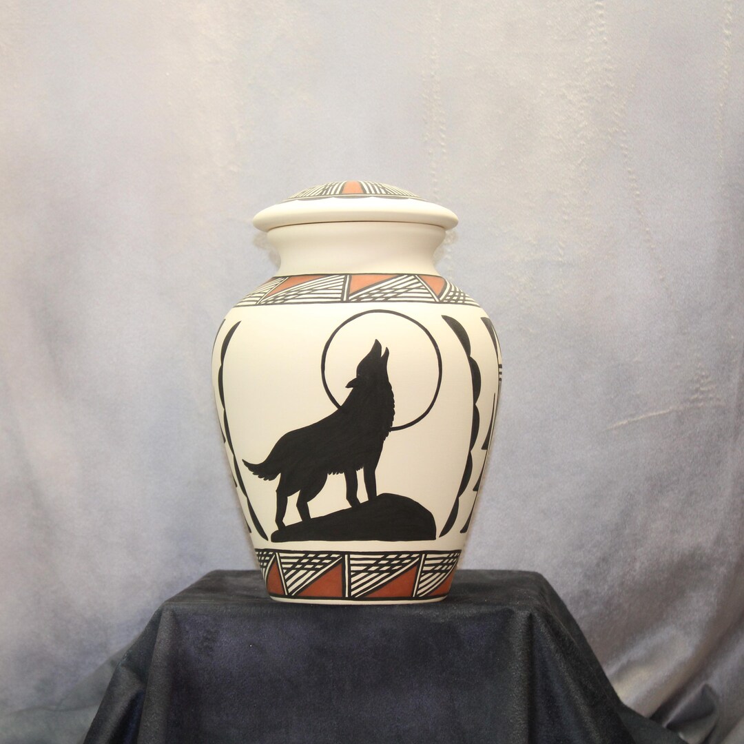 Wolf Design Native American Adult Cremation Urn, Hand Painted Large Jar ...