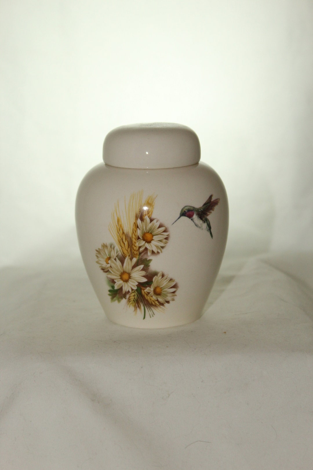 Handmade Ceramic Cremation Urn With Daisy and Hummingbird, Small Pet or ...