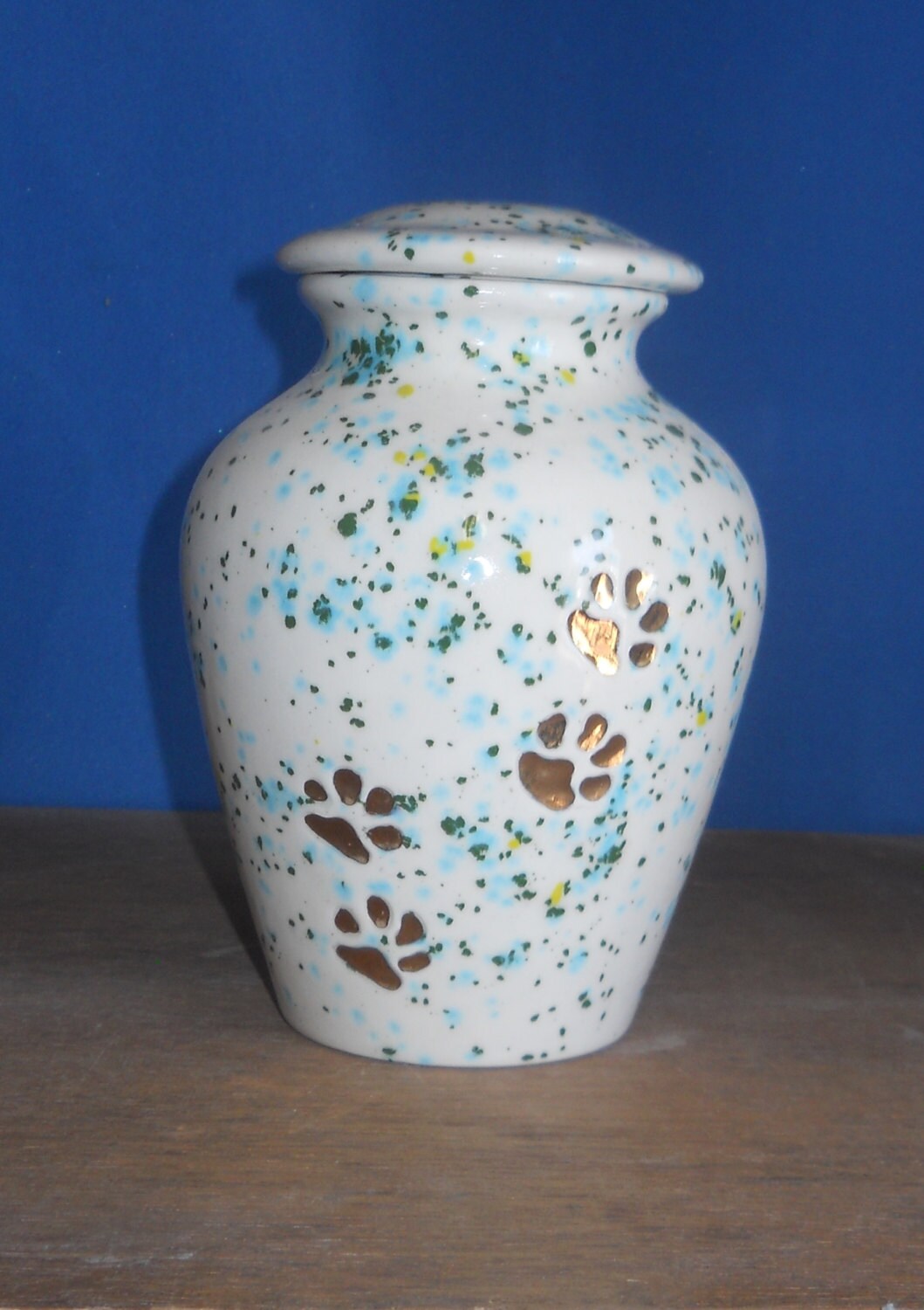 White with green and teal crystals Cat Cremation Urn, Ceramic Jar with ...