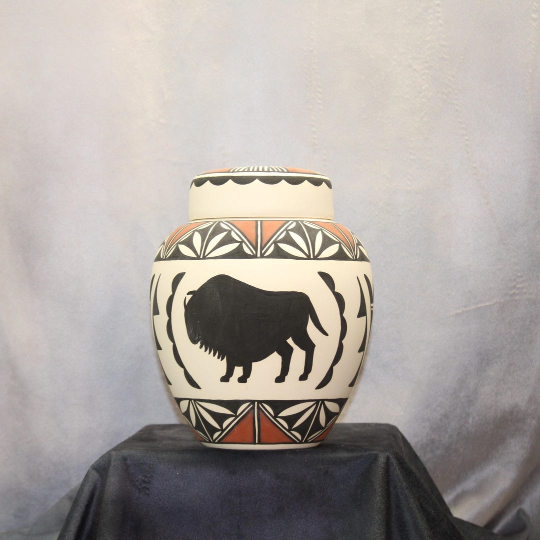 Buffalo Design Native American Hand Painted Ceramic Jar With Lid, Adult ...