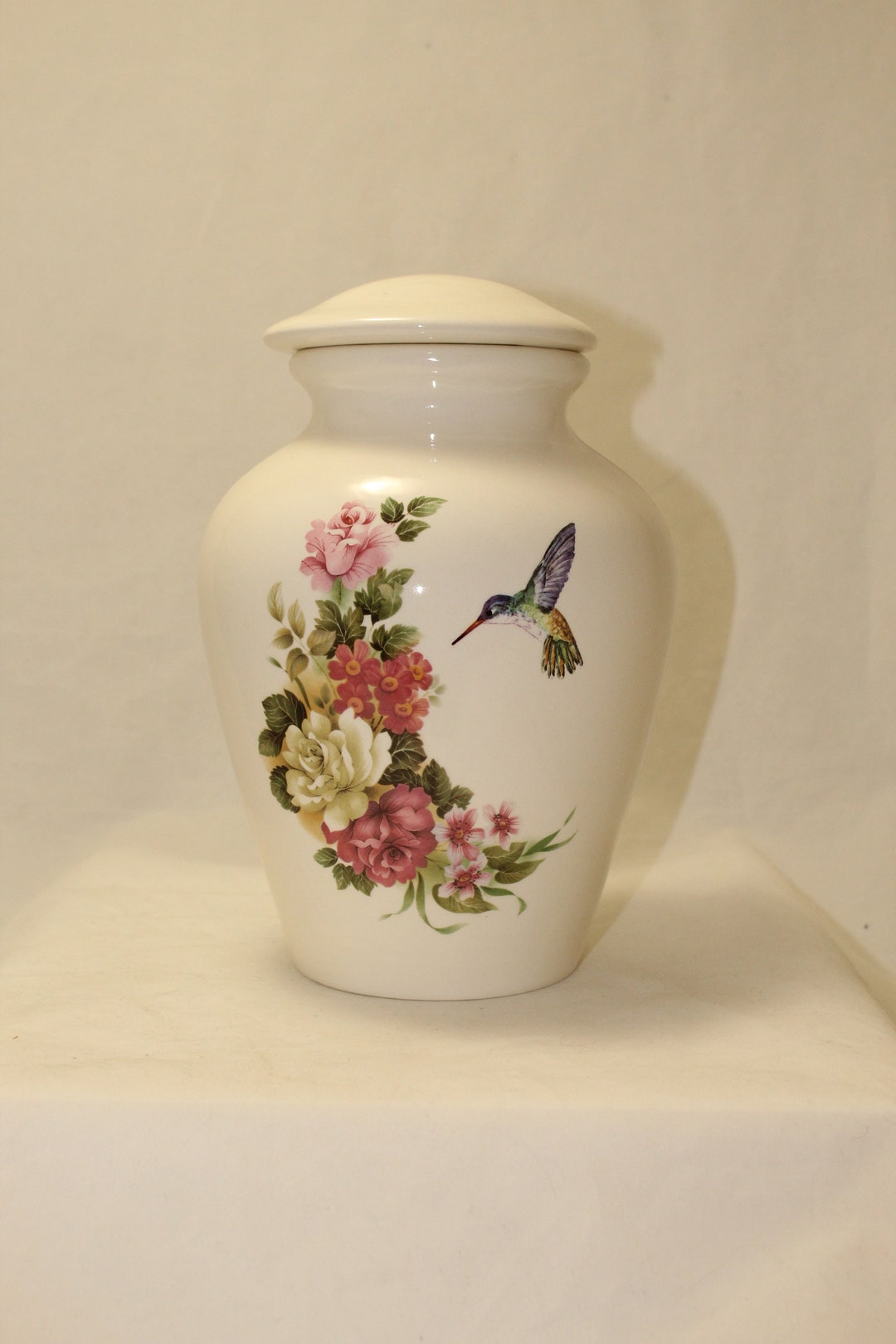 Pink Flowers With Hummingbird Ceramic Jar With Lid, Large Cremation Urn ...