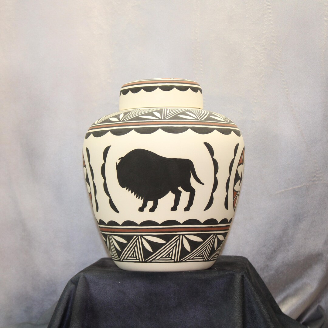 Hand Painted Buffalo Cremation Urn, Native American Art Pottery, Extra ...