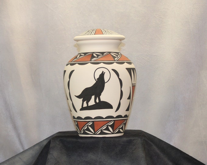 Wolf Design Native American Adult Cremation Urn, Hand Painted Large Jar ...