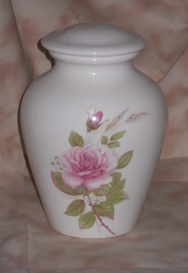 Ceramic Jar With Lid Cremation Urn. Pink Rose on White Urn - Etsy