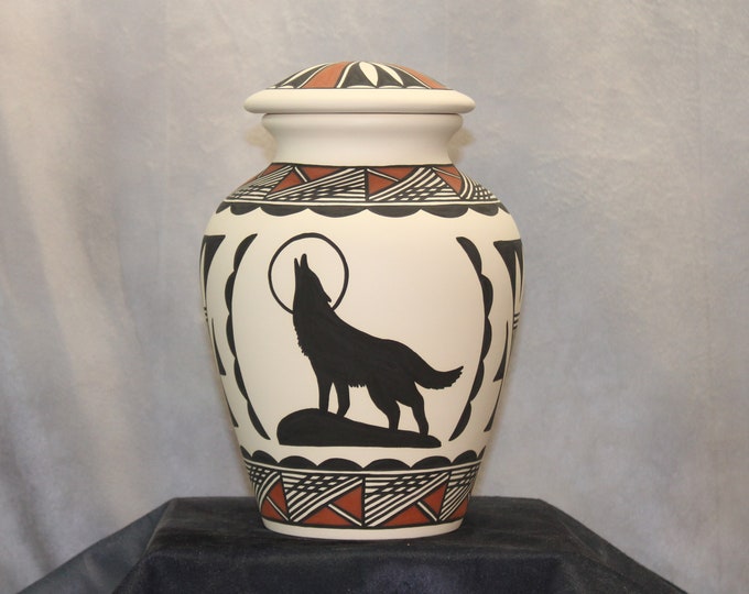 Wolf Design Native American Adult Cremation Urn, Hand Painted Large Jar ...