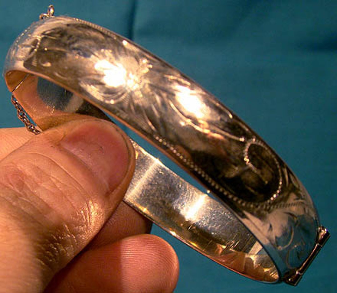 Forstner Hand Engraved Sterling Silver Hinged Bangle Bracelet 1950s Do ...
