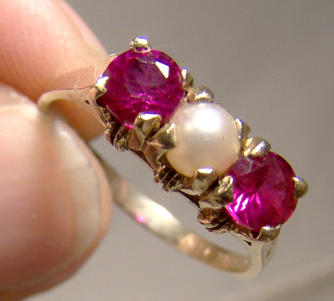 10K Yellow Gold Cultured Pearl Synthetic Rubies Ring 1950s Size 7-3/4 - Etsy