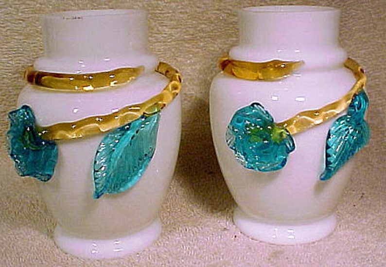 Pair Victorian Milk Glass Applied Flowers Mantle Vases 1880 - Etsy