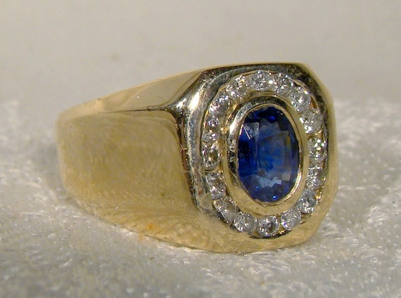 14K Man's Blue Sapphire 16 Diamonds Ring Yellow Gold - Gem