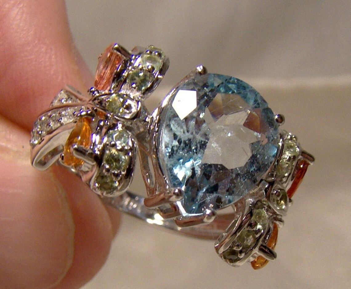 14k White Gold Aquamarine Topaz and Diamonds Ring Size 7-1/4 - Etsy Canada