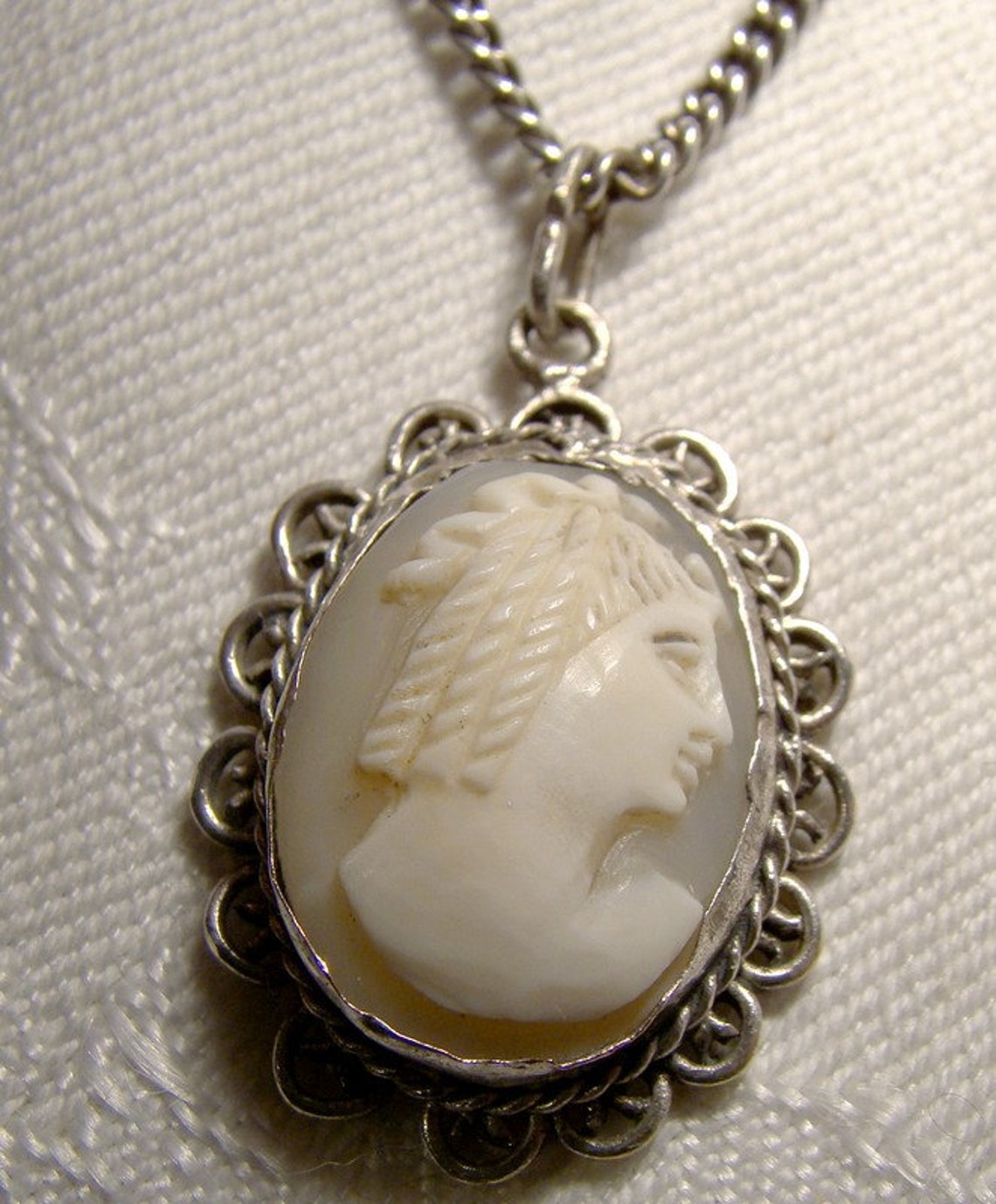 Portrait Cameo Silver Pendant on Chain Necklace 1930s 1940s | Etsy