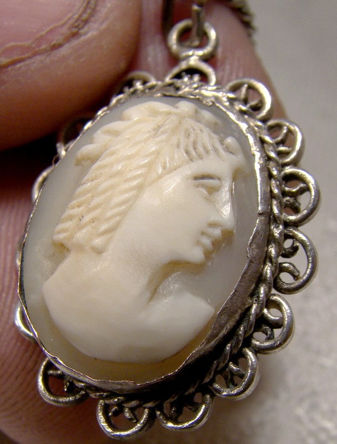 Portrait Cameo Silver Pendant on Chain Necklace 1930s 1940s | Etsy