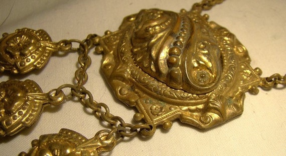 Victorian Revival Bas-Relief Brass Necklace 1920 1930 - Gem