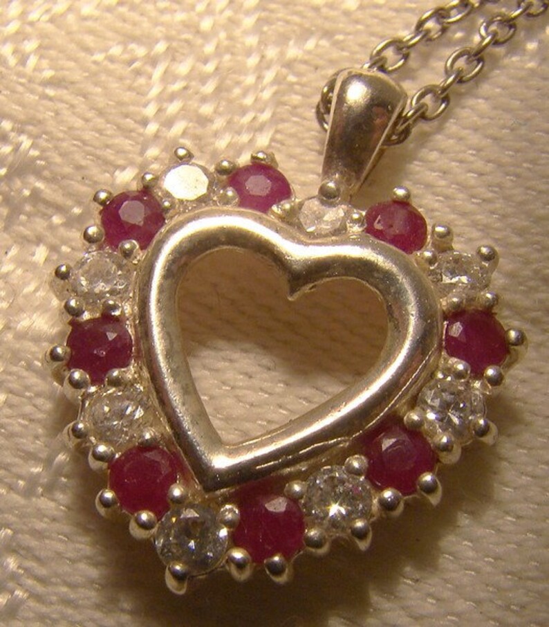 Sterling Silver Rubies Heart Pendant Necklace 1980s Ruby and Cubic ...