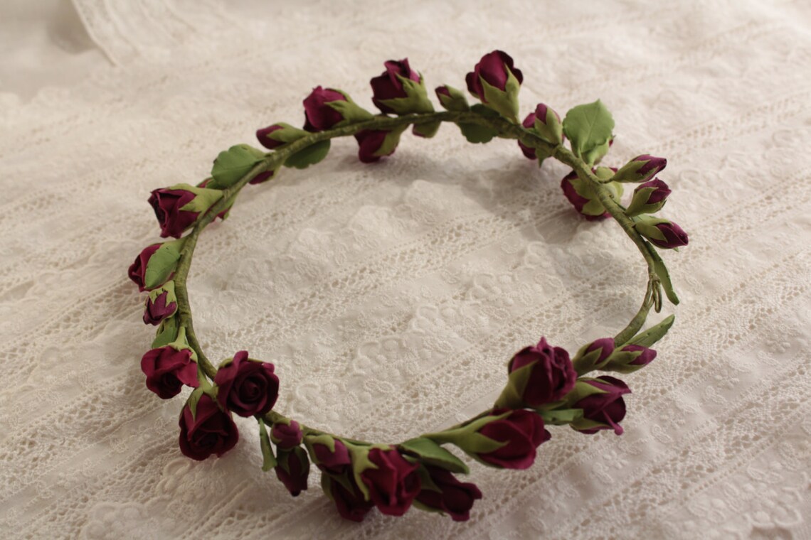 Flowers Crown. Red Roses. Hair Wreath. Wine-red Rosebuds. - Etsy