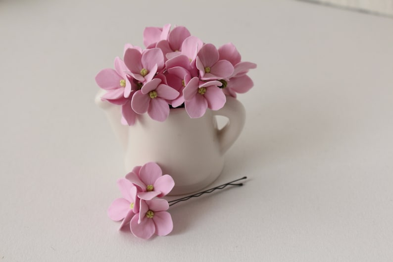 Hair bobby pin polymer clay flowers. Set of 5. Pink hydrangea | Etsy