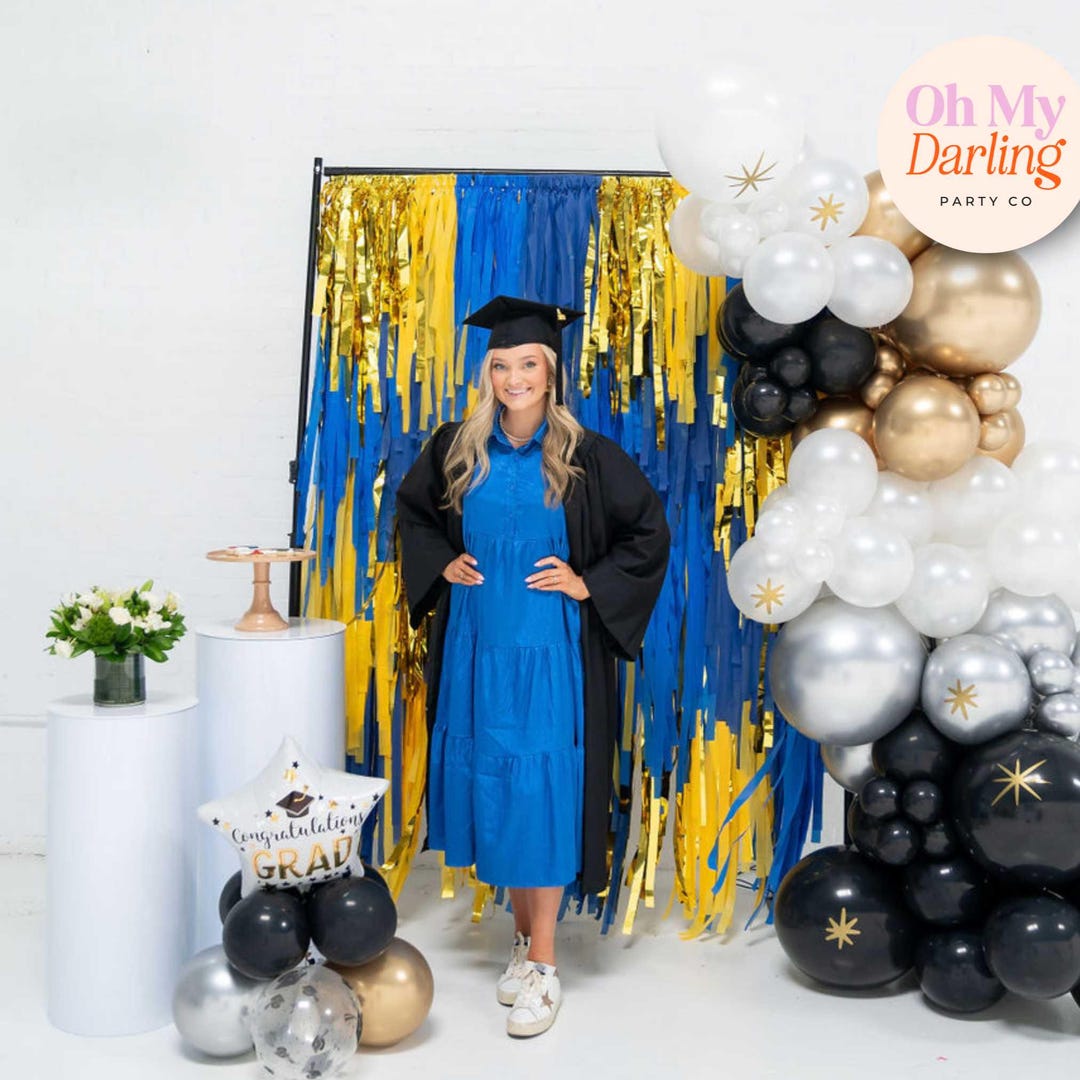 Blue and Yellow Fringe Backdrop - Graduation Party Decor, Milestone ...