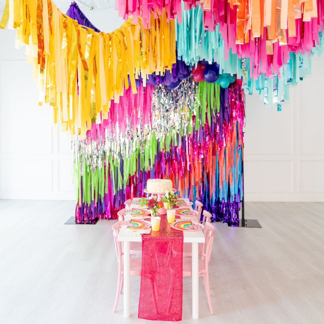 Bright Rainbow Party Backdrop and Balloon Garland Rainbow Backdrop Neon ...