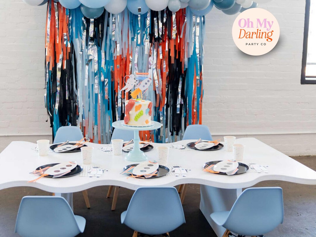 Blast off Birthday Fringe Backdrop – Outer Space Party Decor for Boys ...