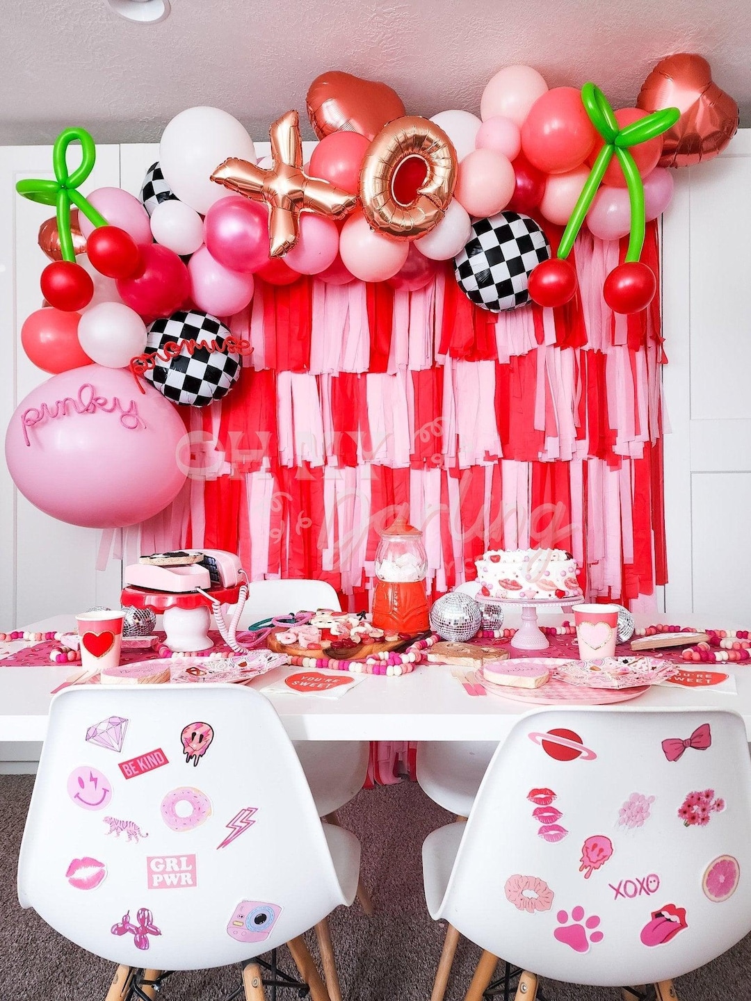 Cherry Party Backdrop, Birthday Party Decor, Check Pattern Red and Pink ...