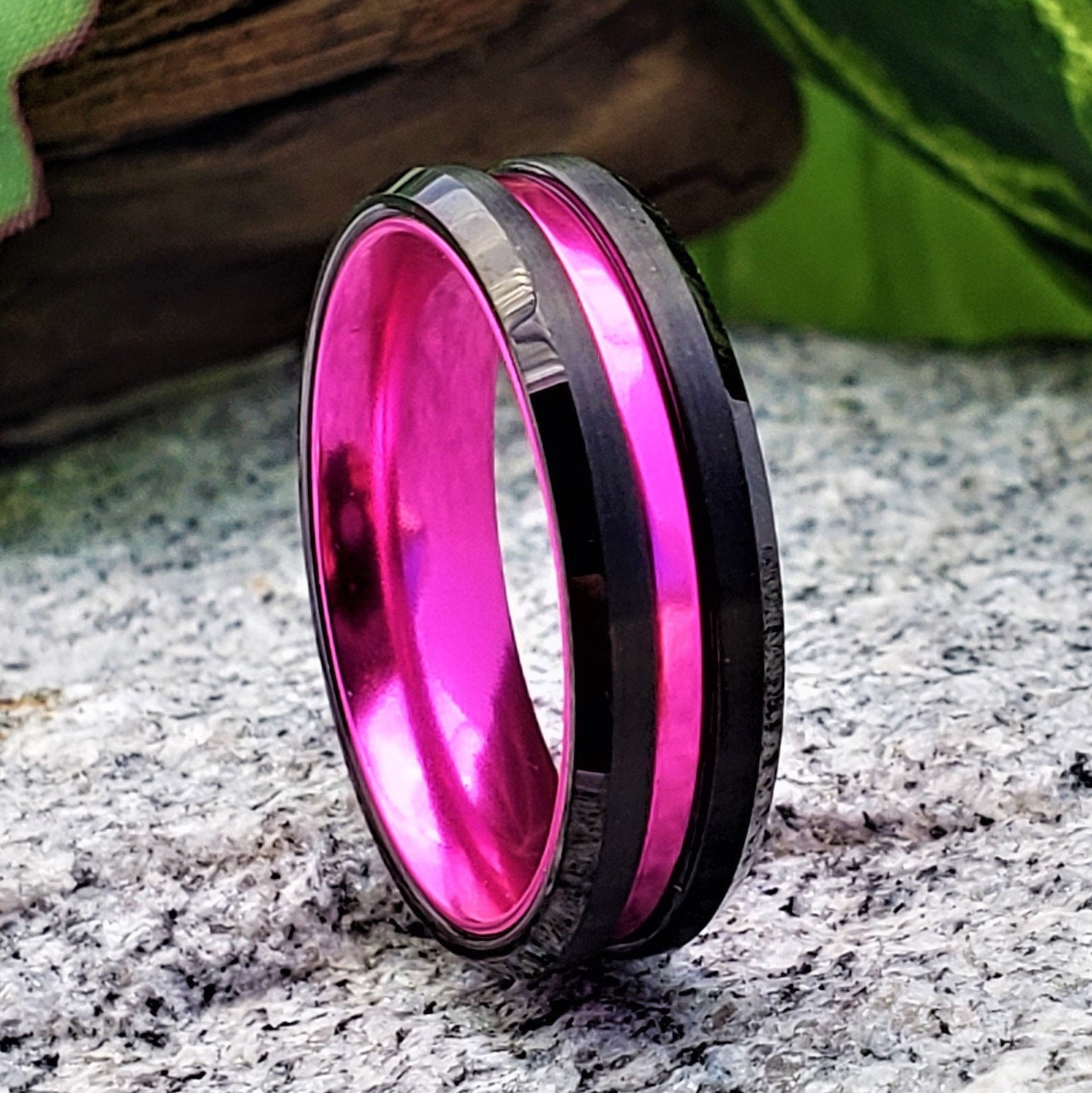 Hot Pink Tungsten Wedding Band: Black Tungsten Ring, Comfort Fit - Etsy