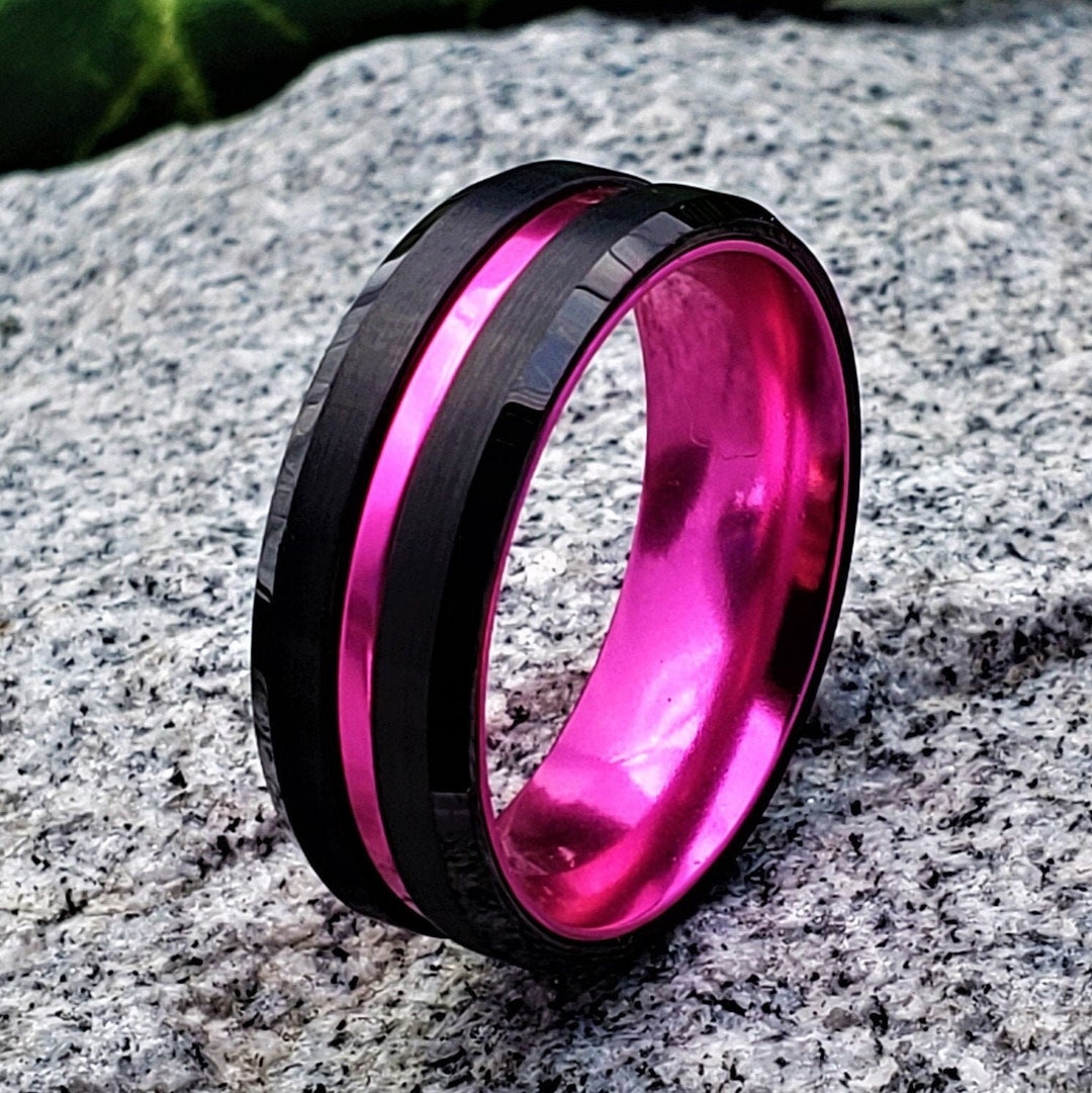 Unique Hot Pink and Black Tungsten Wedding Band Tungsten Ring 6mm & 8mm ...