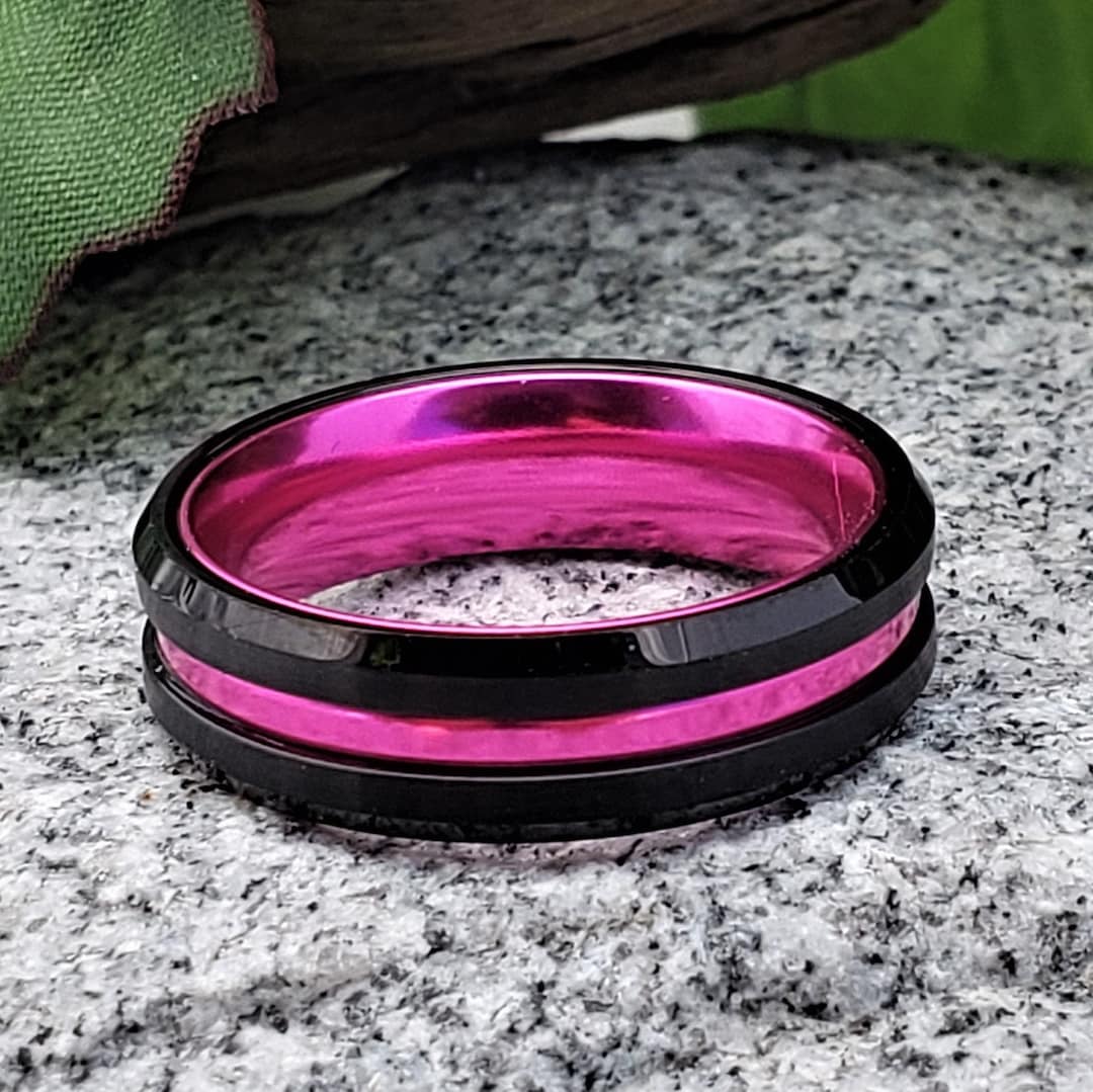 Hot Pink Tungsten Wedding Band: Black Tungsten Ring, Comfort Fit - Etsy