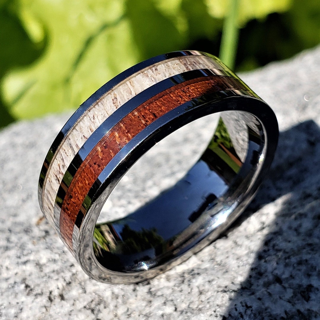 Deer Antler Wedding Band, Tungsten Ring, Men's Koa Wood Ring, Hunters ...