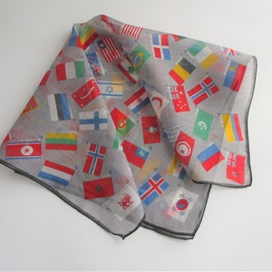 Novelty Handkerchief Scarf Vintage 1950s International World Flags Gold ...