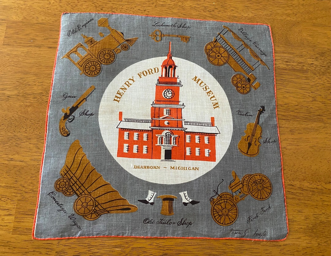 TAMMIS KEEFE Hankie Vintage 1950s Linen Souvenir Henry Ford Museum ...