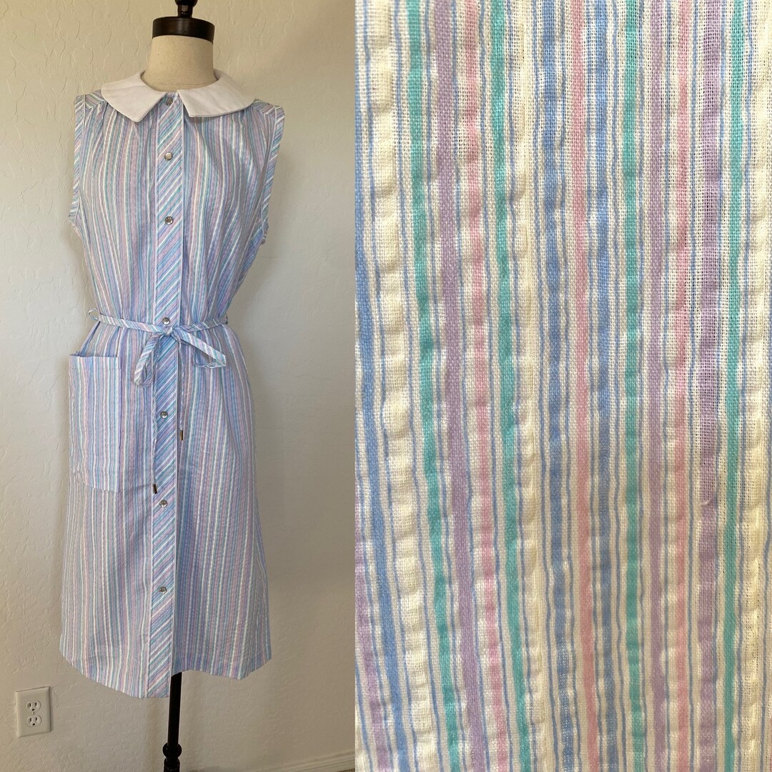 KOMAR House Dress Vintage 1960s Deadstock Striped Seersucker Peter Pan ...