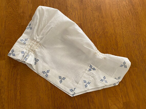 Antique 1800s Bonnet White Cotton Blue Stamped Hand S… - Gem