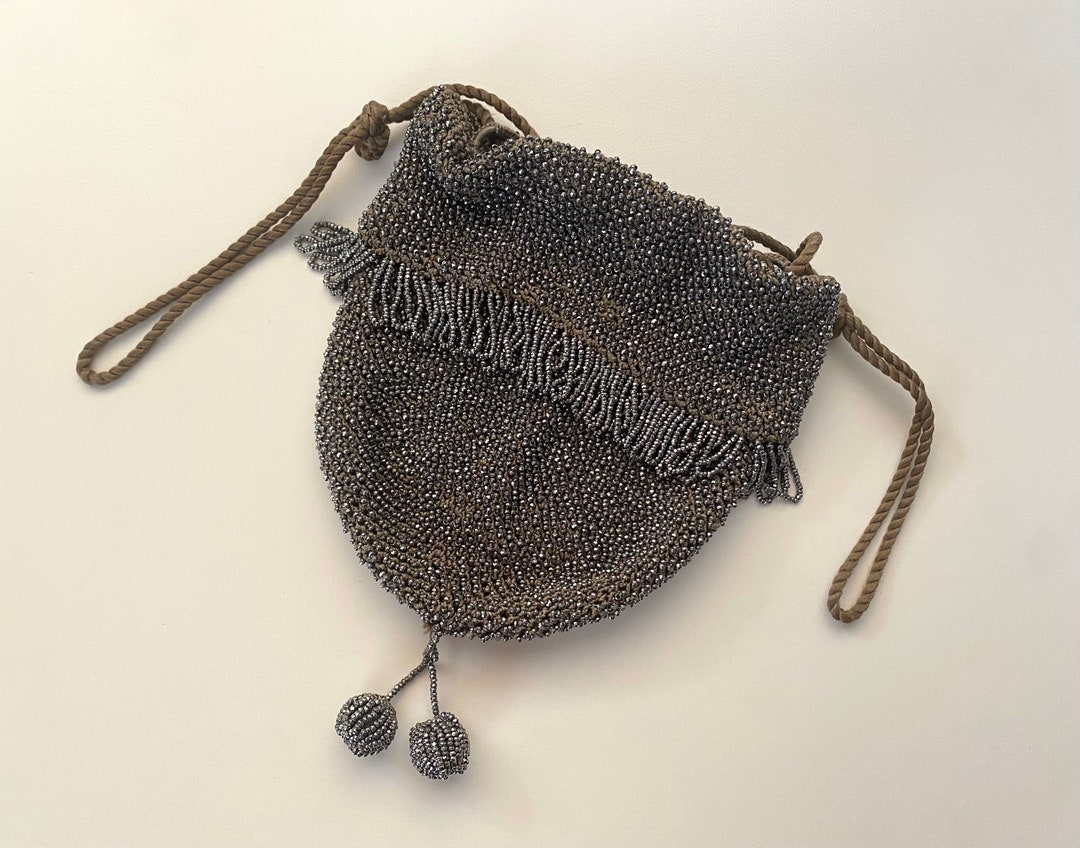 Antique Dance Purse 1920s Gray Glass Beaded Reticule Drawstring Evening ...