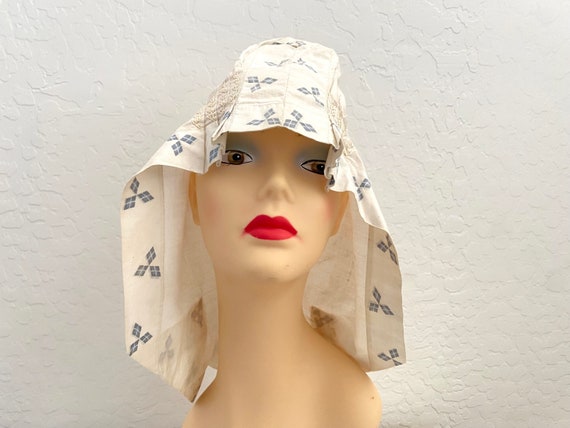 Antique 1800s Bonnet White Cotton Blue Stamped Hand S… - Gem