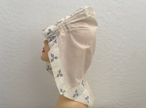 Antique 1800s Bonnet White Cotton Blue Stamped Hand S… - Gem
