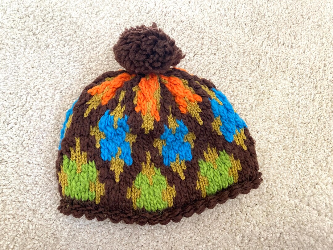 Stocking Cap Hat Vintage 1970s Hand Knit Multicolor Pom Pom - Etsy