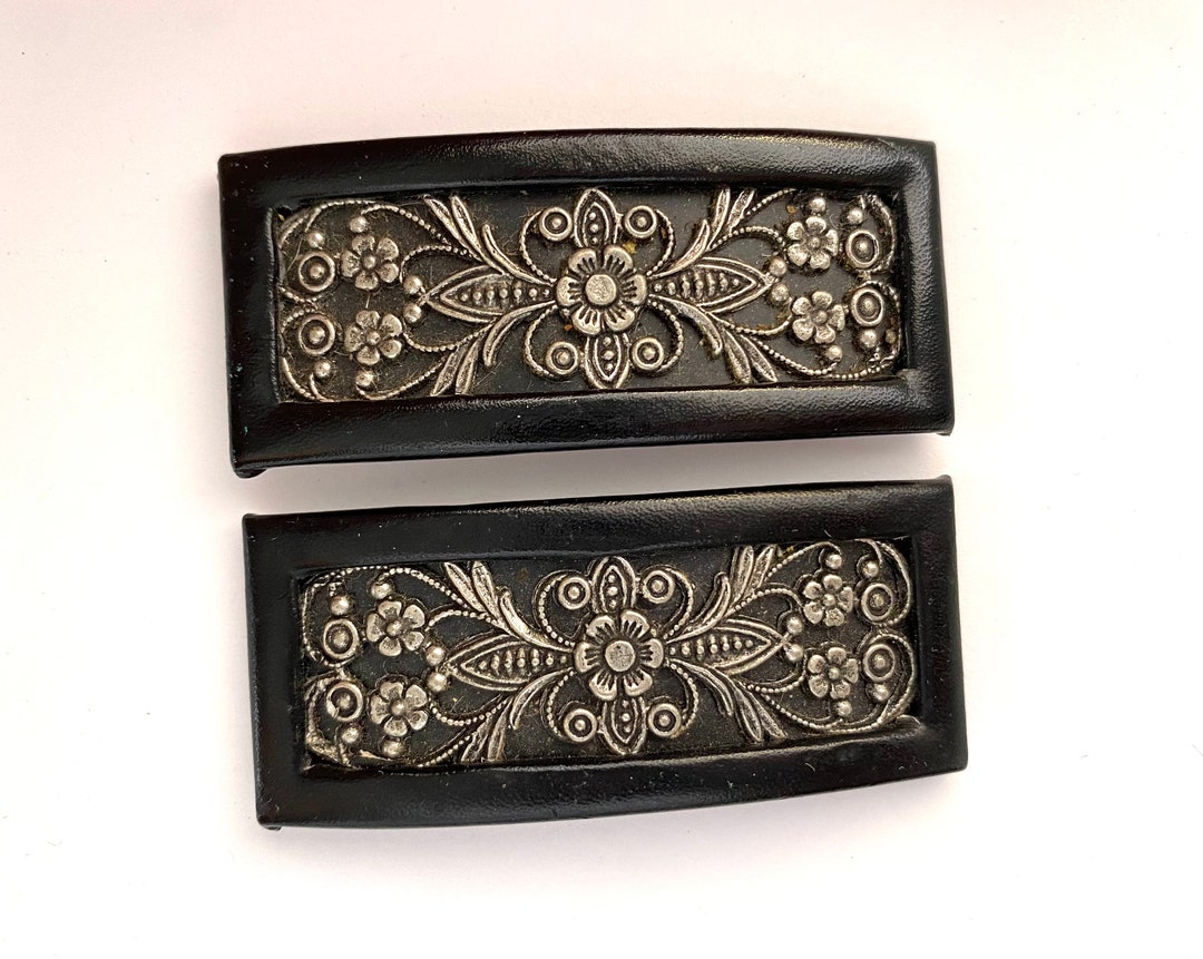 Antique Shoe Clips 1910s Edwardian Black Leather Pressed Steel ...