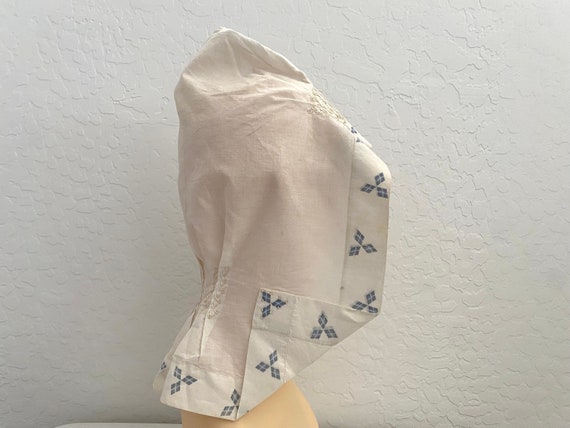 Antique 1800s Bonnet White Cotton Blue Stamped Hand S… - Gem