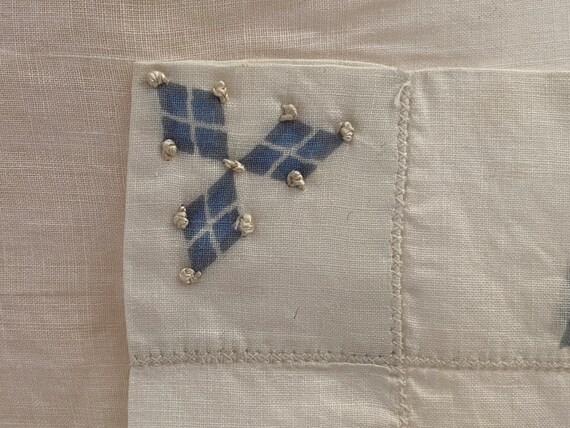 Antique 1800s Bonnet White Cotton Blue Stamped Hand S… - Gem