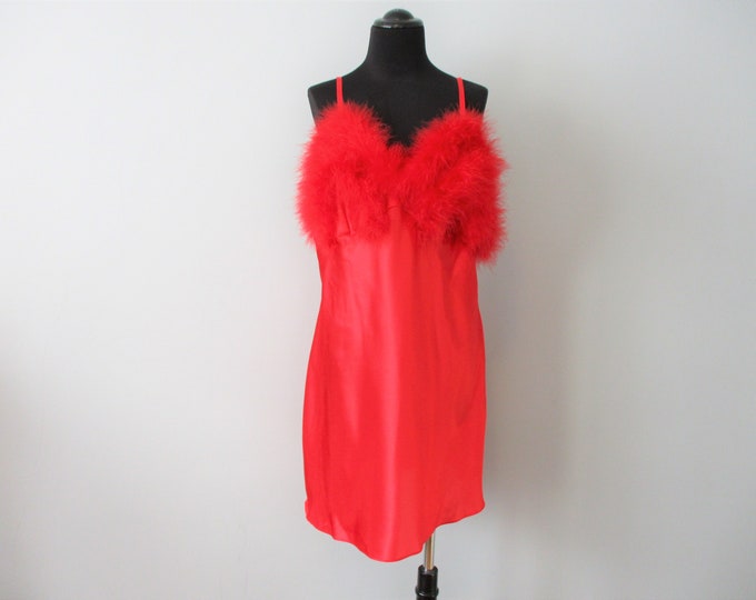 Red Satin Negligee Nightgown Vintage 1980s Maribou Feathers XL - Etsy