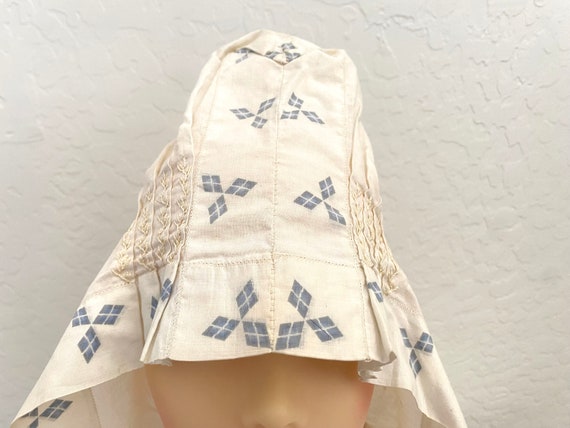 Antique 1800s Bonnet White Cotton Blue Stamped Hand S… - Gem