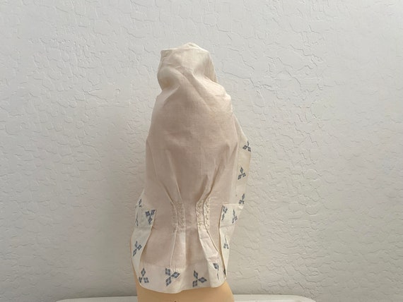 Antique 1800s Bonnet White Cotton Blue Stamped Hand S… - Gem