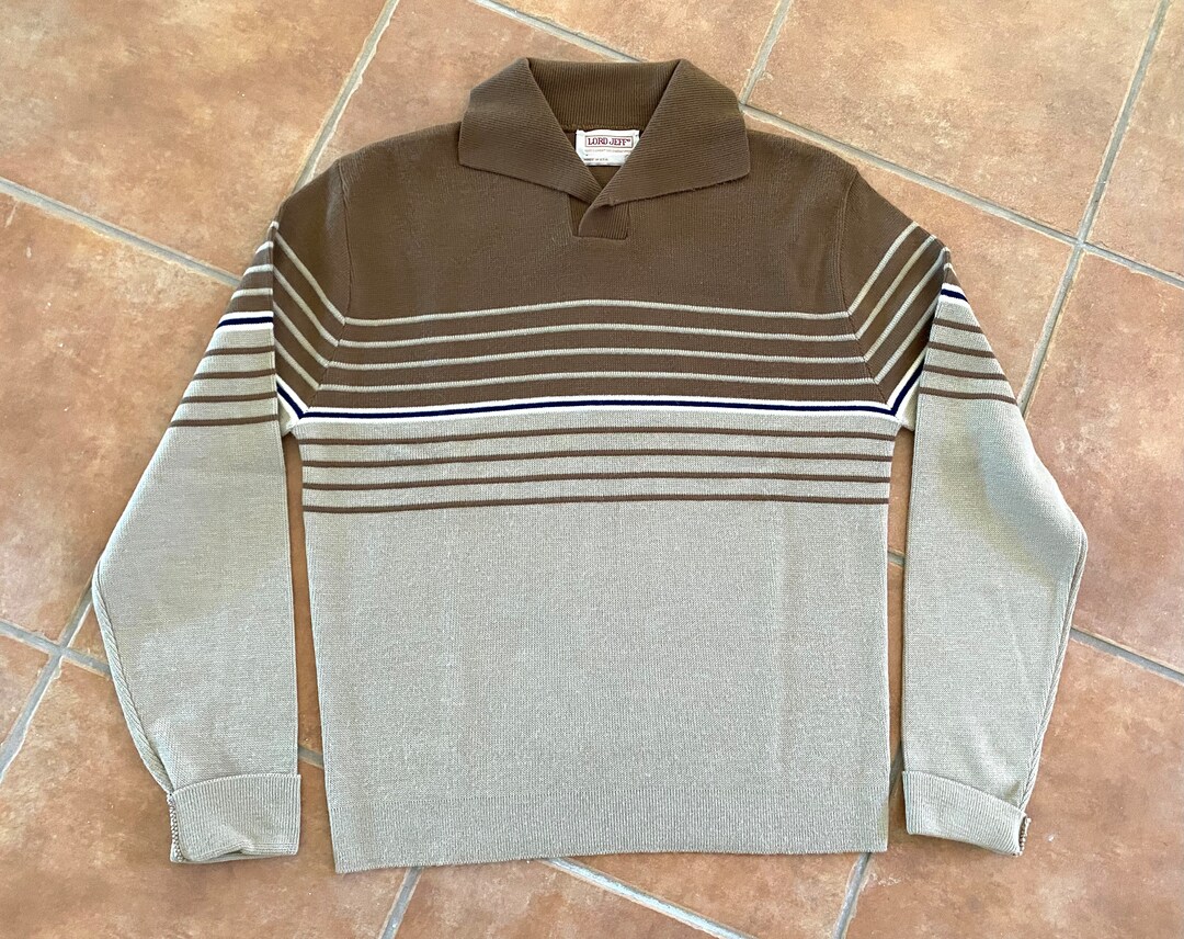 LORD JEFF Sweater Vintage 1970s Brown Beige Striped Acrylic Pullover - Etsy