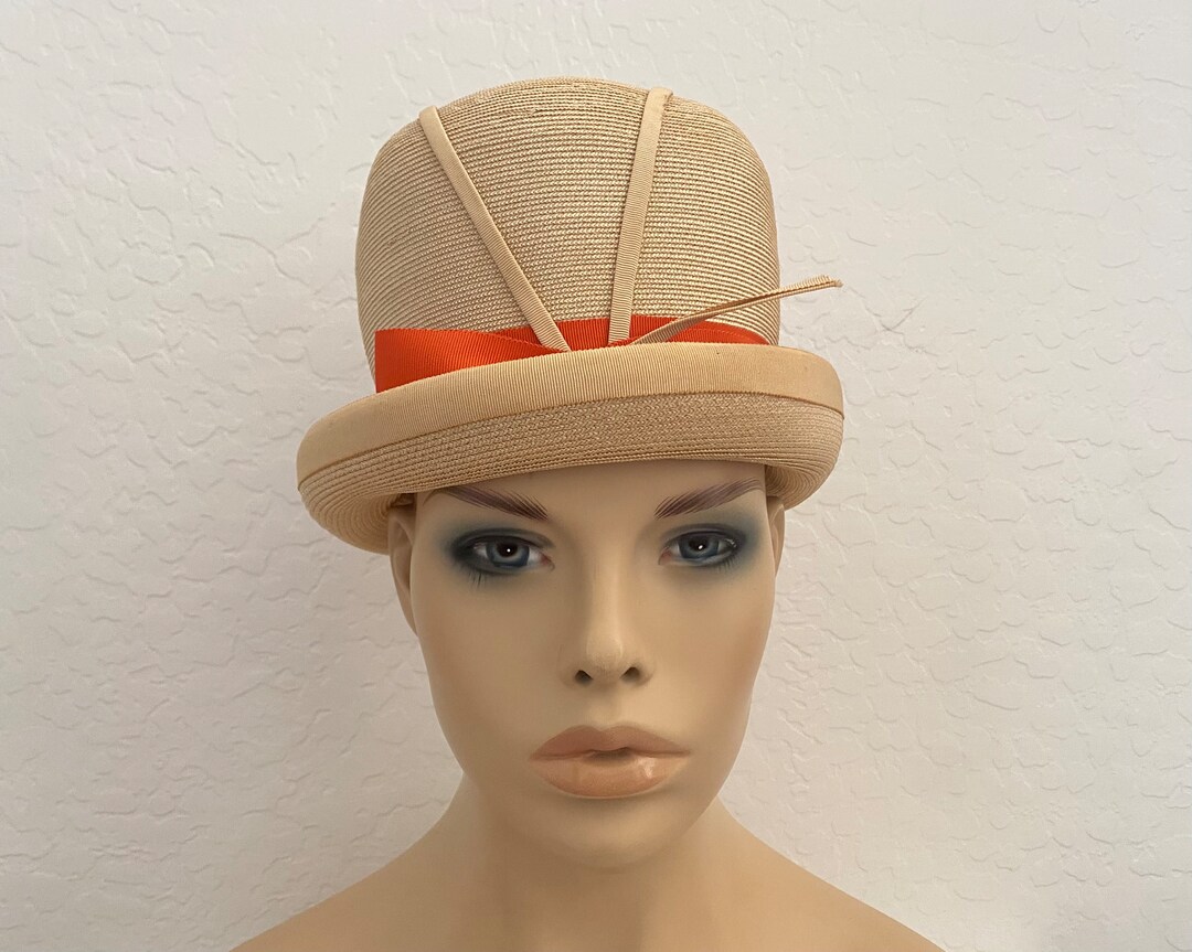 Mod Bowler Hat Vintage 1960s Beige Orange Bow Tall Crown Pillbox - Etsy