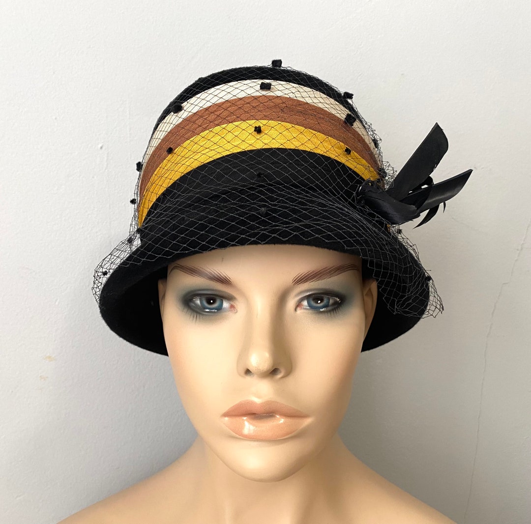 Bucket Hat Vintage 1950s Black Velvet Veil Striped Band Feather - Etsy