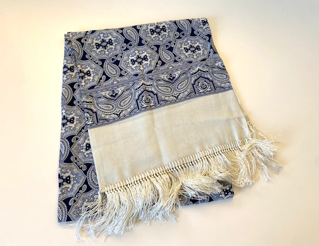 Opera Scarf Vintage 1940s Gentlemans Ascot Navy Blue Paisley Fringe - Etsy
